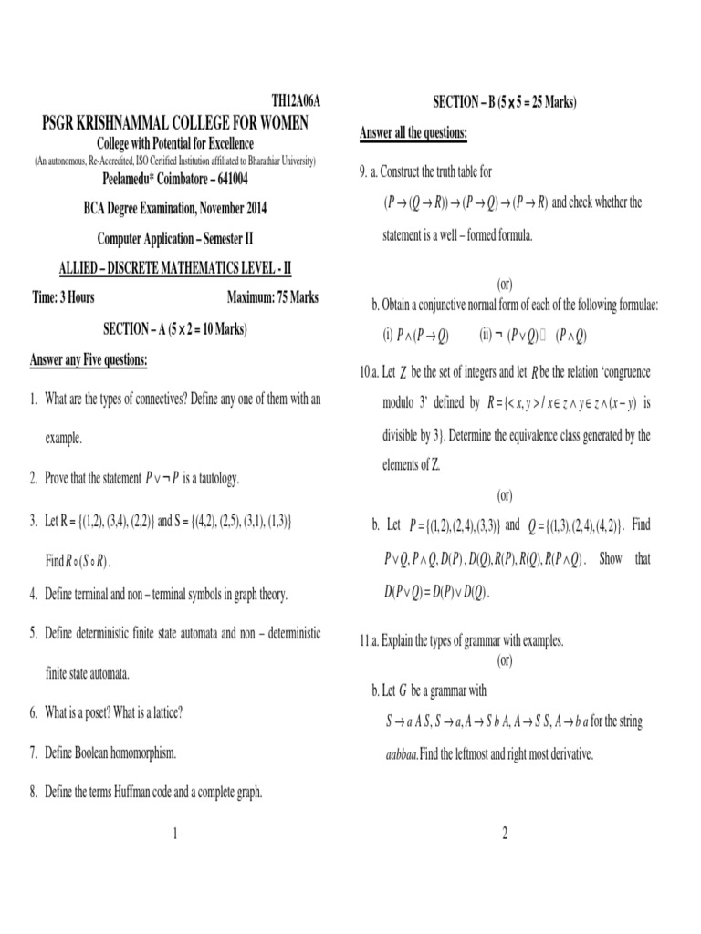 BCA Discrete Mathematics Exam Paper | PDF | Automata Theory | Abstract ...