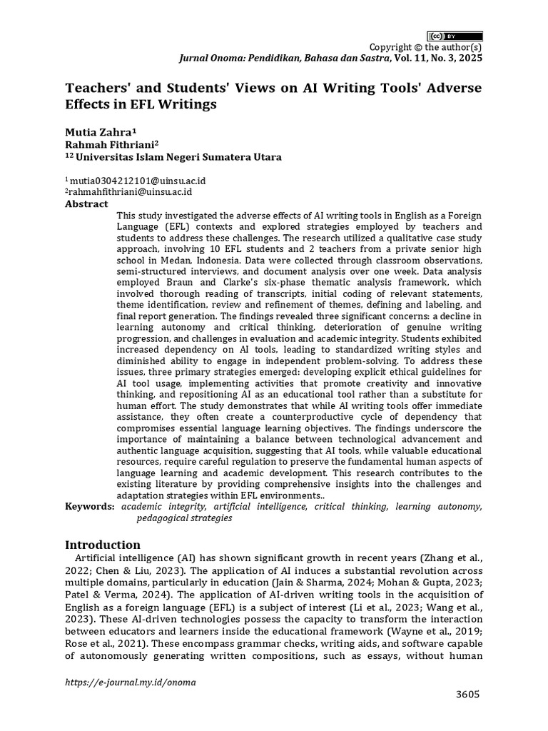 Teachers' and Students' Views On AI Writing Tools' Adverse Effects in ...
