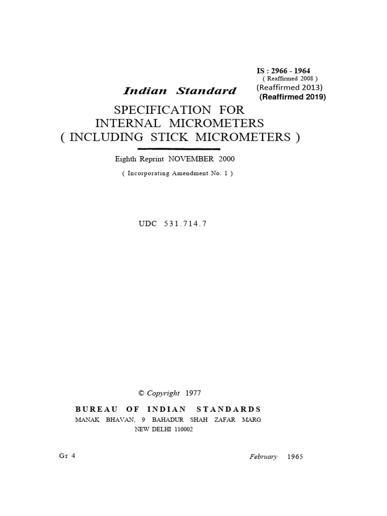 Specification For Internal Micrometers (Including Stick Micrometers) | PDF