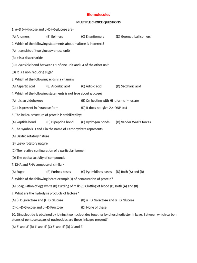Biomolecules: Multiple Choice Questions | PDF