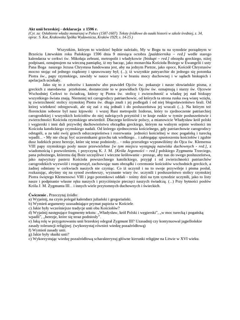 Akt Unii Brzeskiej | PDF