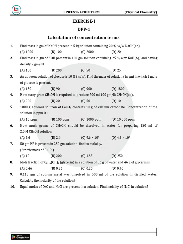 Sheet - 01 - Concentration Terms - 543553 - Crwill | PDF | Mass Concentration (Chemistry ...