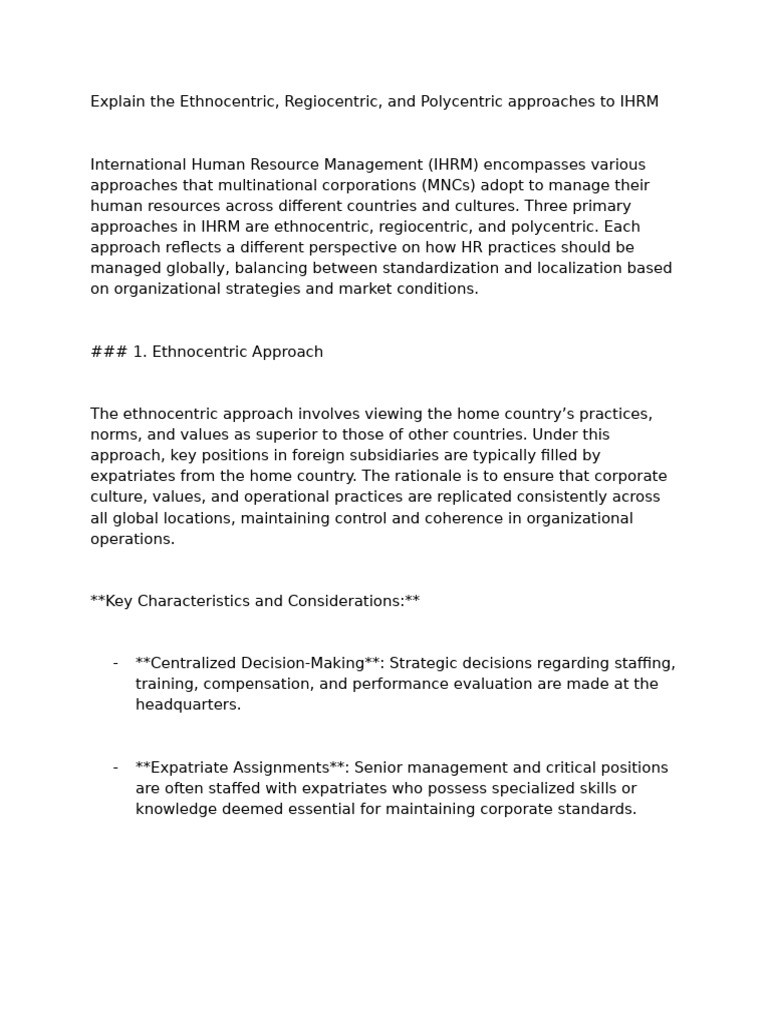 Explain the Ethnocentric, Regiocentric, and Polycentric approaches to ...