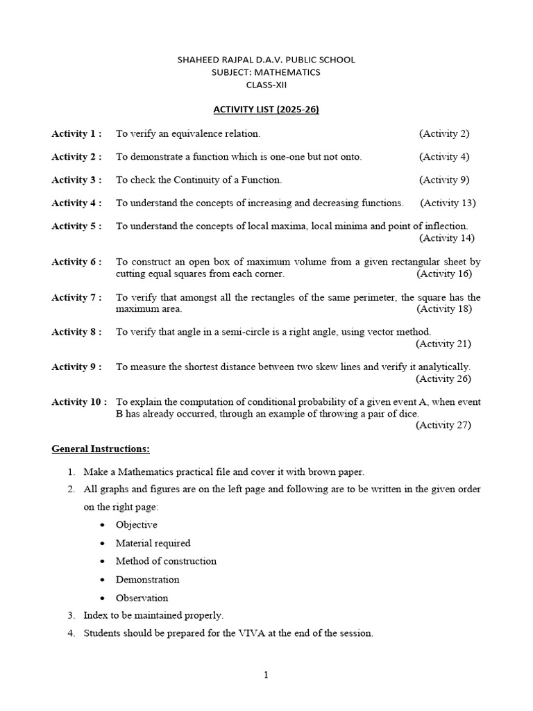 Class XII Mathematics Activity List | PDF
