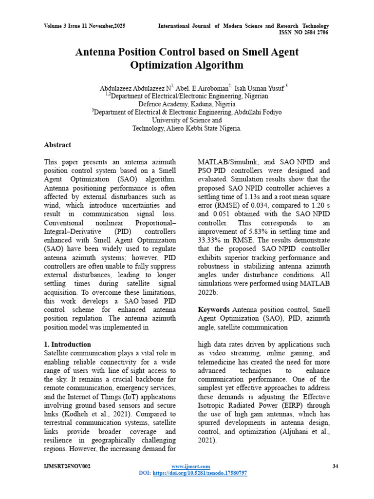 Antenna Position Control Based On Smell Agent Optimization Algorithm ...