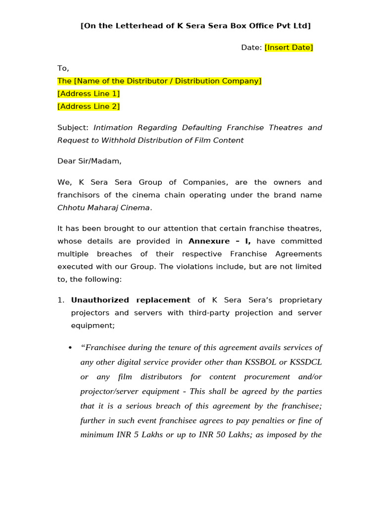 Notice of Franchise Breach and Action | PDF | Franchising | Legal Remedy