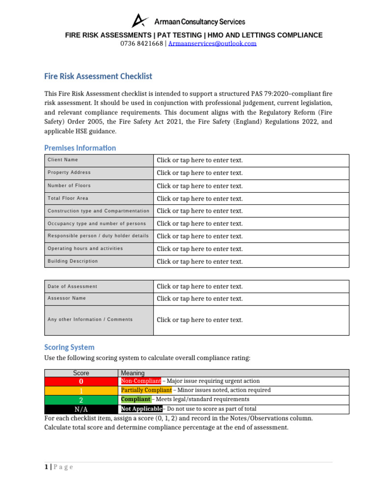 Fire Risk Assessment Checklist Form Template Blank v1 | PDF | Safety ...