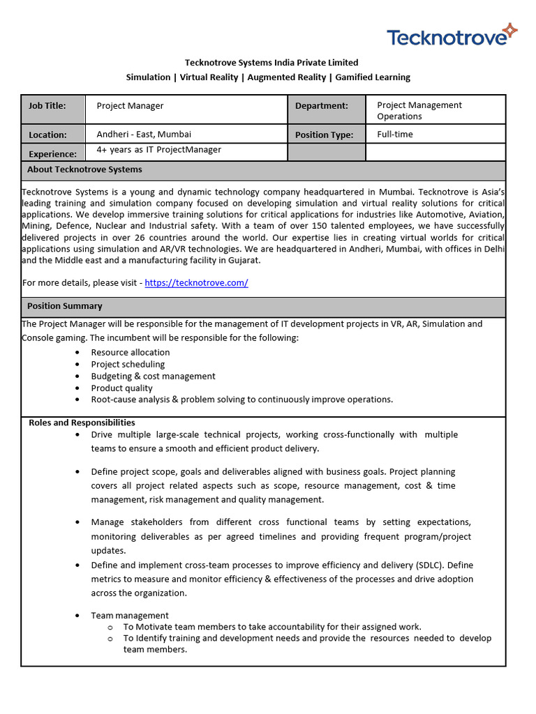 JD - Project Manager Mumbai - Tecknotrove | PDF | Virtual Reality ...