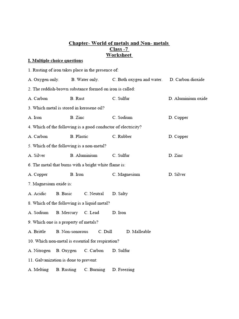 Metals and Non-Metals Worksheet for Class 7 | PDF | Metals | Oxide