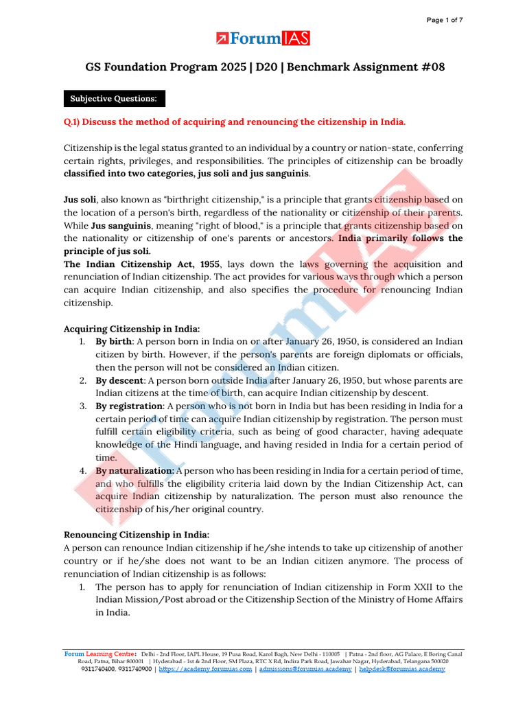 GS Foundation 2025 D20 Assignment 08 SOL 1 | PDF | Plate Tectonics ...