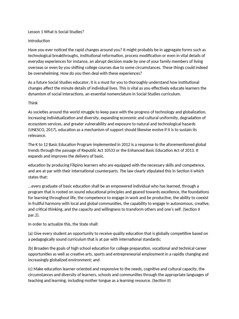 Lesson 1 What Is Social Studies | PDF | Curriculum | Social Sciences