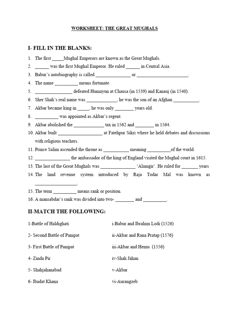 Great Mughals Worksheet Guide | PDF