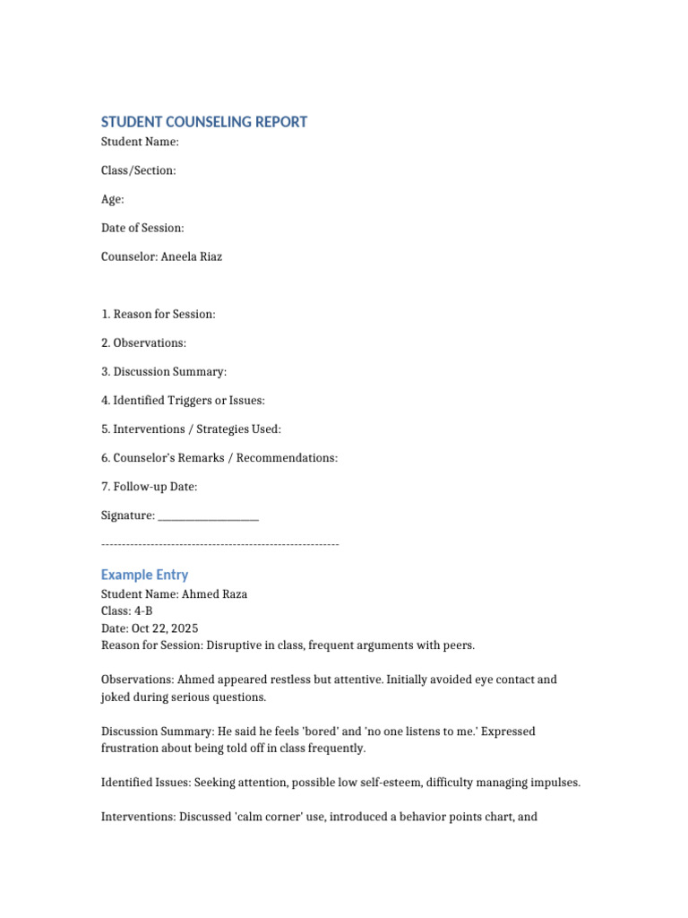 Student Counseling Session Report | PDF