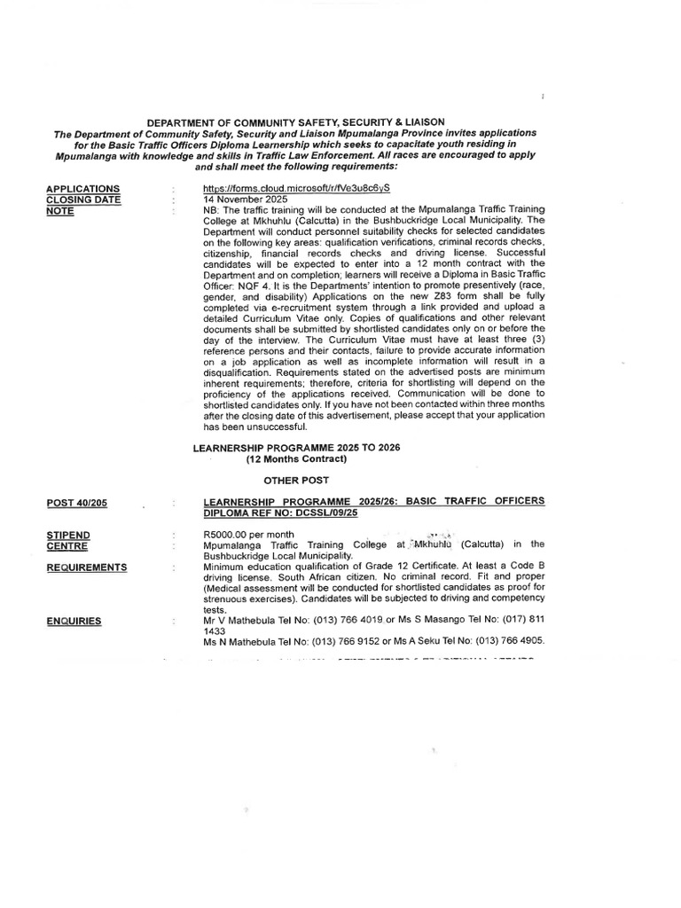 DCSSL Learnership Advert 2025 | PDF