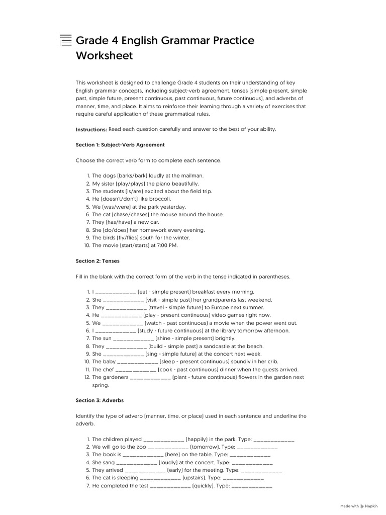 Grade 4 English Grammar Practice Worksheet | PDF | English Grammar | Verb