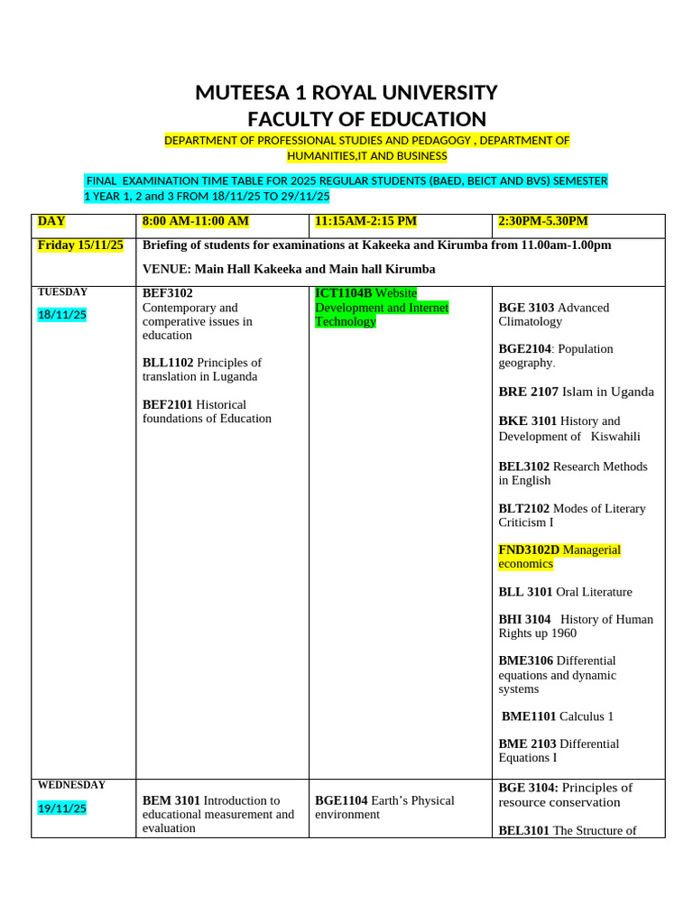 Final Exam Time Table Year 1,2 and 3 BEICT, BAED and BVS EDUC | PDF ...