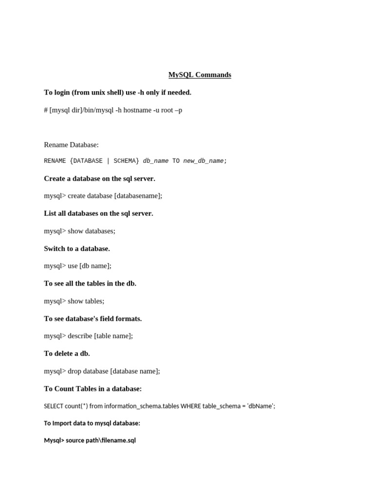 Mysql Commands | PDF | Table (Database) | Databases