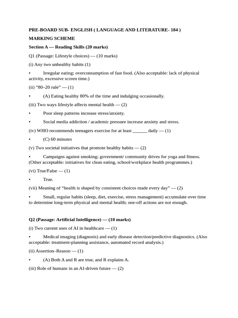 Pre-Board English Marking Scheme Guide | PDF | Artificial Intelligence ...