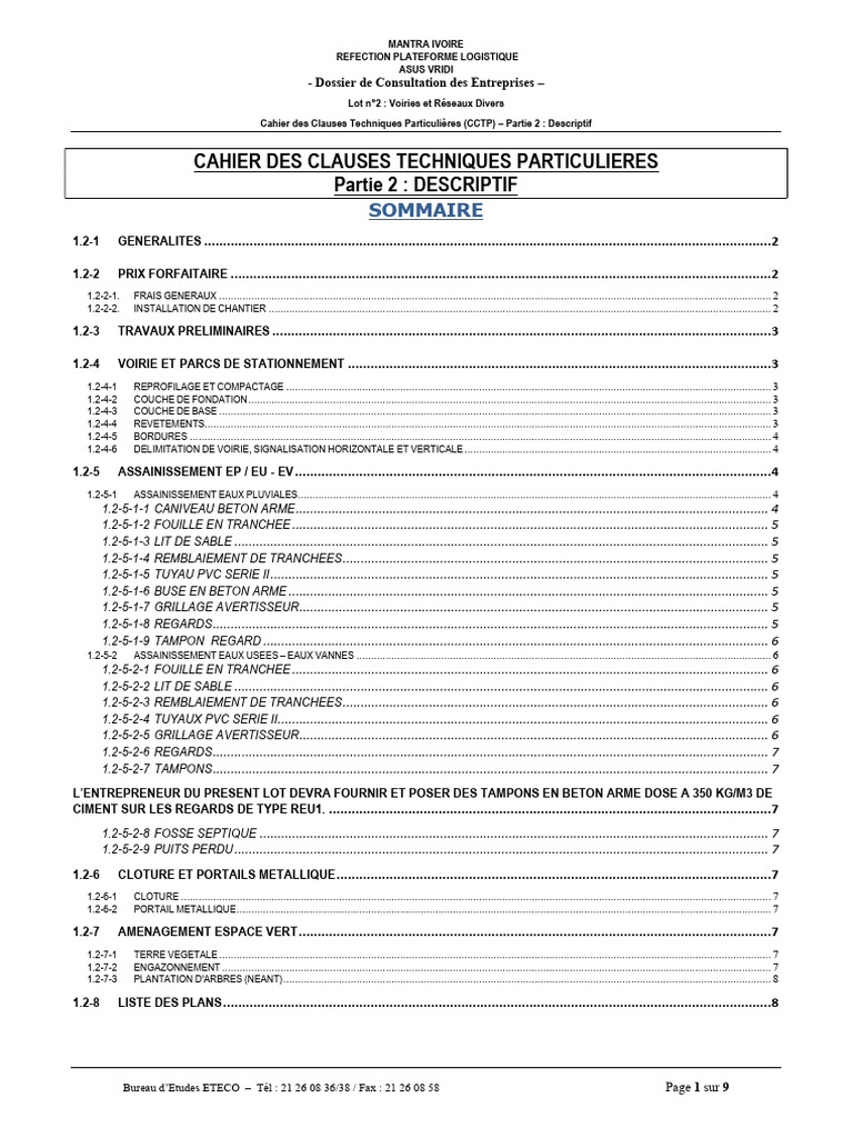 CCTP Lot 2 : Voiries et Réseaux Divers | PDF | Béton | Assainissement