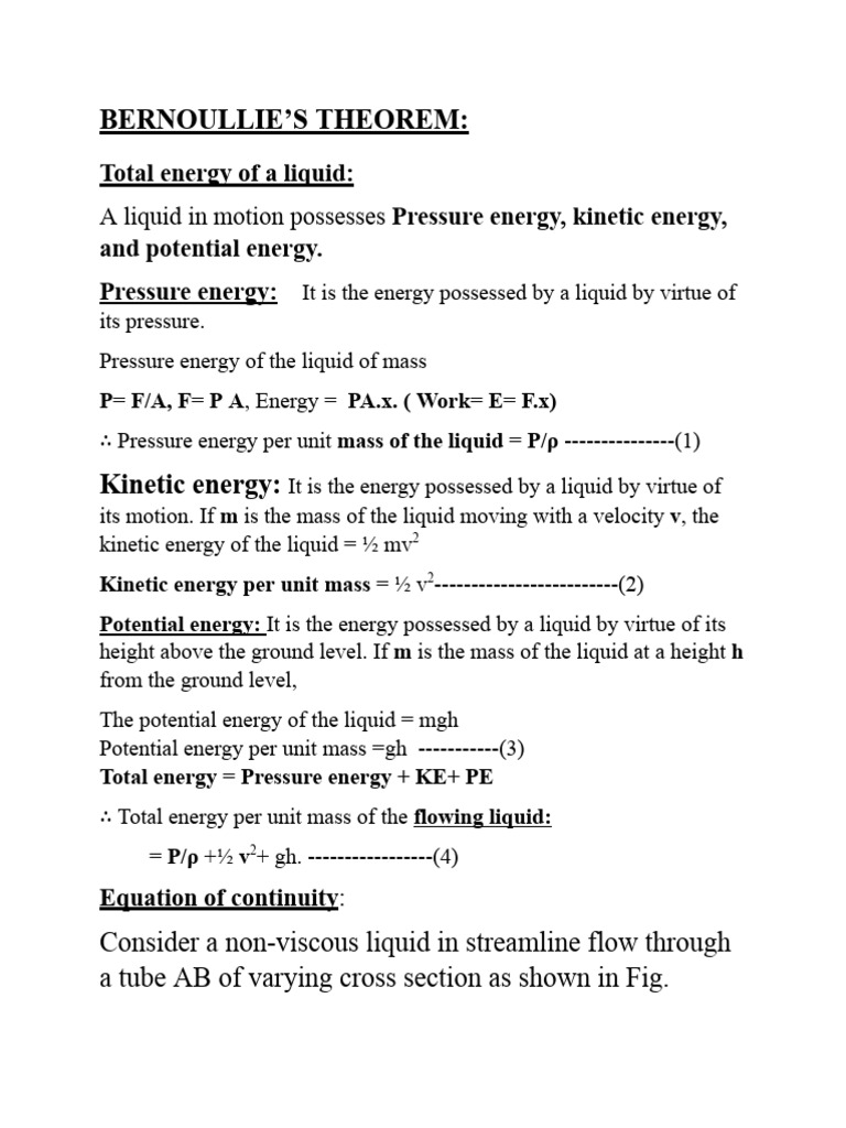 Bernoulli's Theorem | PDF | Fluid Dynamics | Pressure