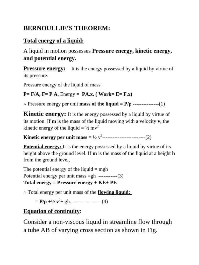 Bernoulli's Theorem | PDF | Fluid Dynamics | Pressure
