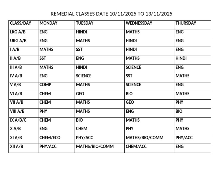 Remedial Classes Schedule: Nov 2025 | PDF