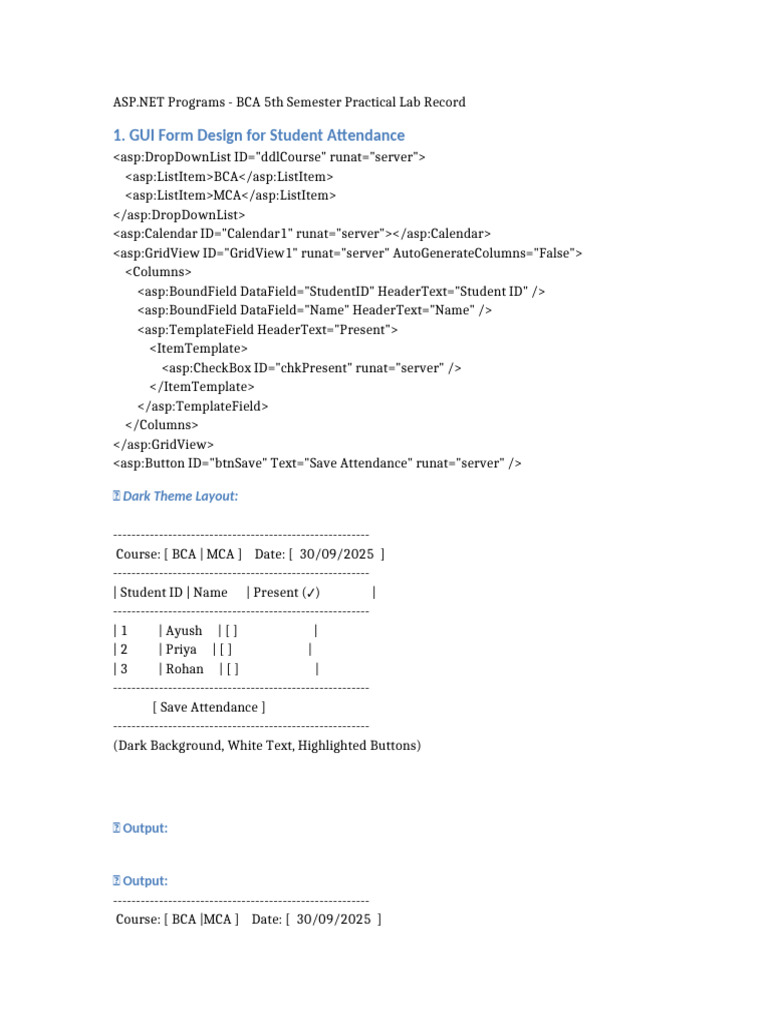 ASPNet BCA5thSem Practicals WithOutputs DarkTheme | PDF | Computer ...