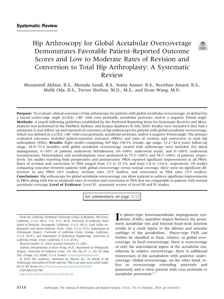 Hip Arthroscop For Global Acetabular Overcoverage | PDF | Systematic ...