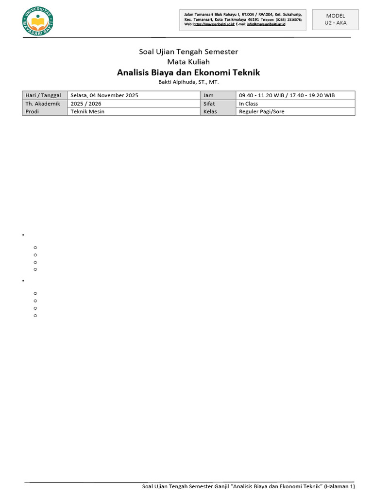 UTS Analisis Biaya Dan Ekonomi Teknik | PDF