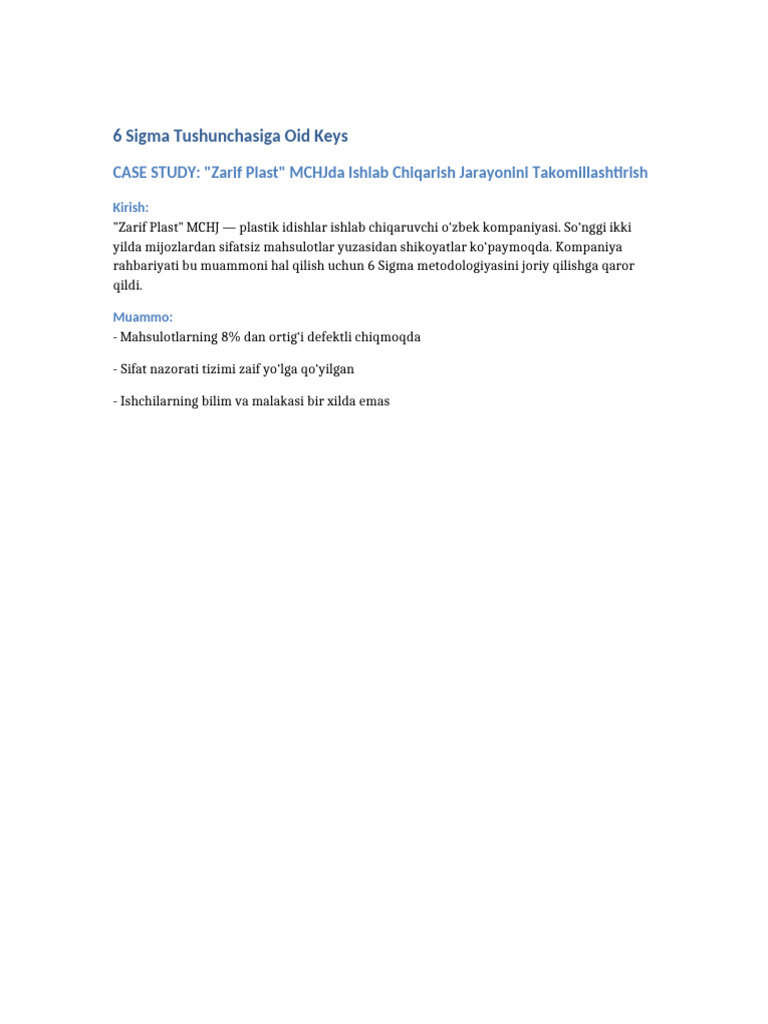 6 Sigma Case Study Zarif Plast | PDF