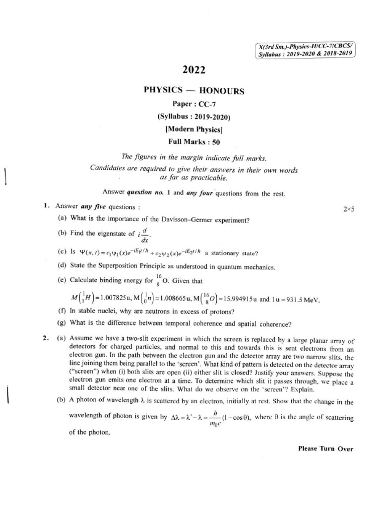 CU-2022 B.Sc. (Honours) Physics Semester-3 Paper-CC-7 QP | PDF | Electron | Photon