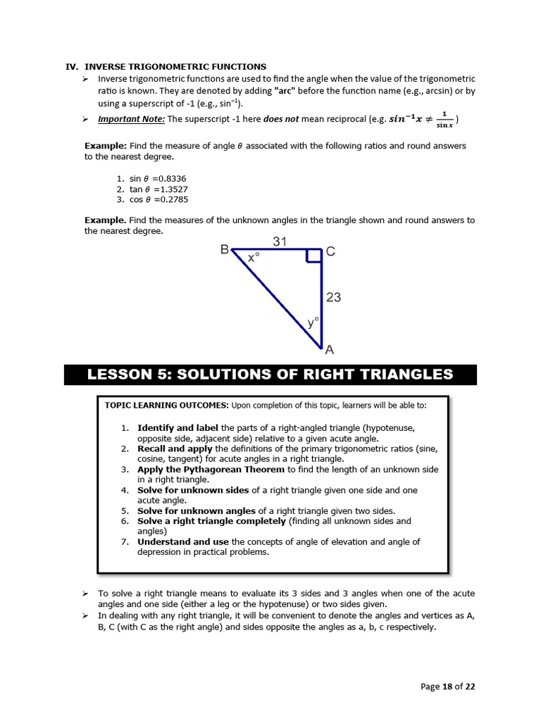 LESSON 5 SOLUTIONS OF RIGHT TRIANGLES | PDF | Trigonometric Functions ...
