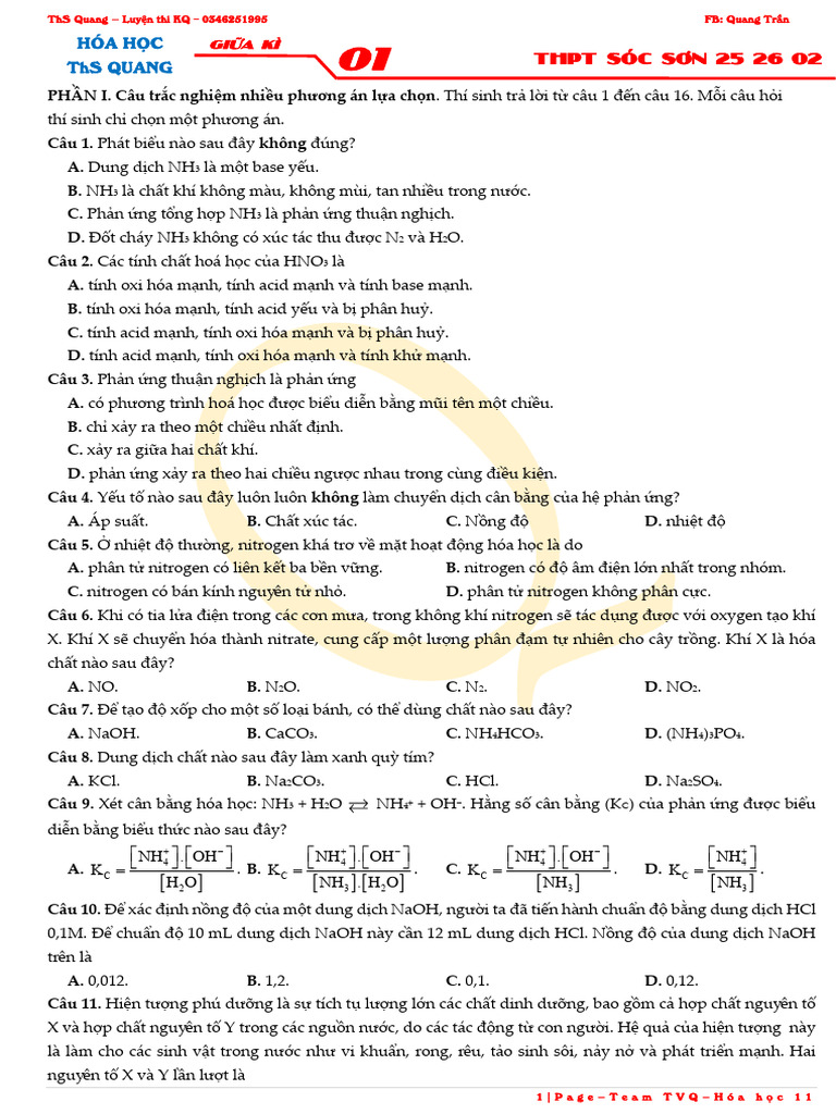 25-26. Đề Giữa Kì I Hóa Học 11 THPT Sóc Sơn 2 | PDF