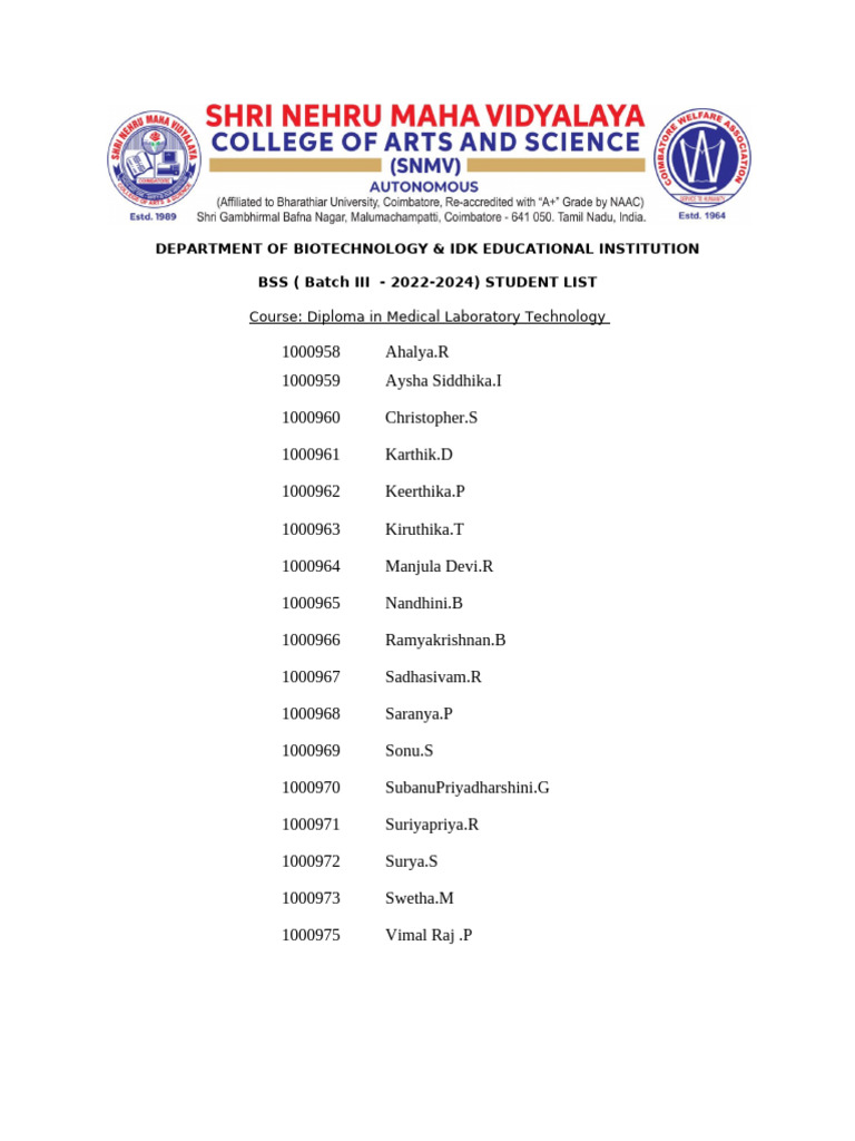BSS 2022-2024 Medical Lab Tech Students | PDF
