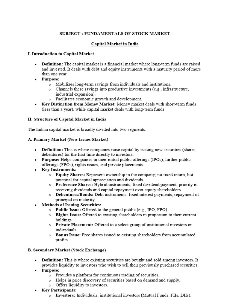 Fundamentals of Stock Market UNIT 1 | PDF | Stocks | Securities (Finance)