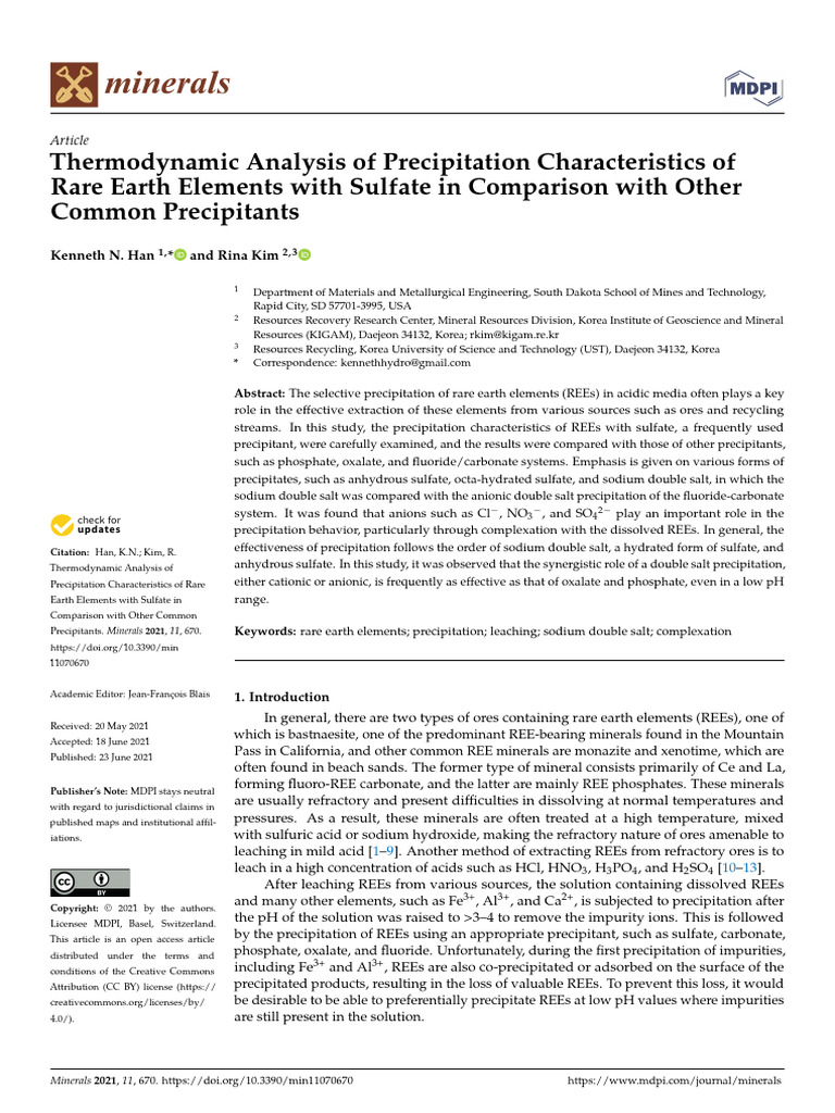 Thermodynamic Analysis of Precipitation Characteristics of Rare Earth ...