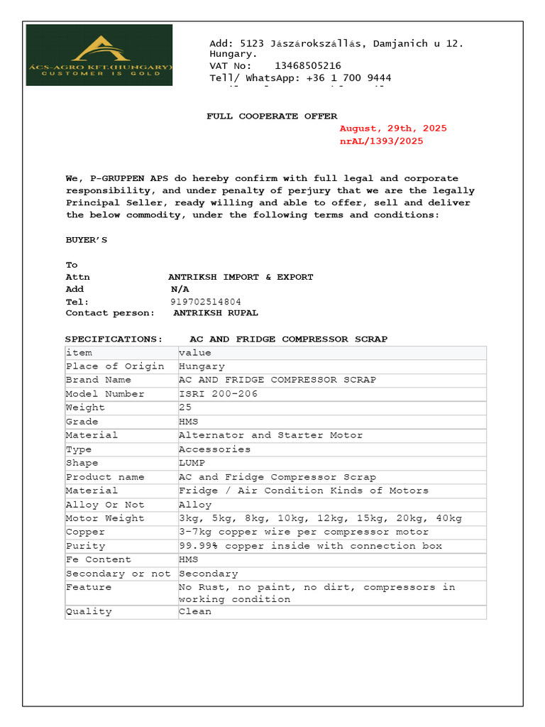 Fco Ac & Fridge Compressor Scraps Antriksh Rupal | PDF | Invoice | Scrap