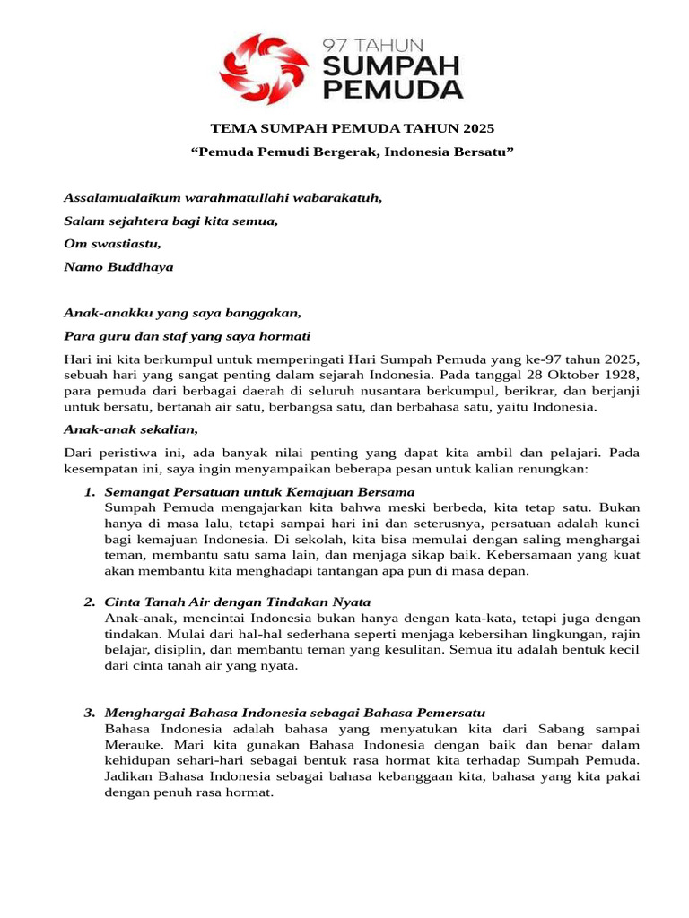 PIDATO HSP 2025 TEMA SUMPAH PEMUDA TAHUN 2025 | PDF