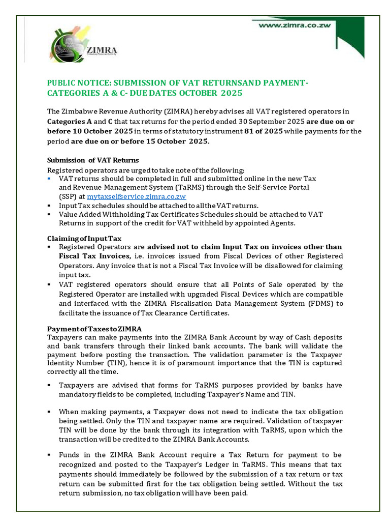 ZIMRA VAT Returns Due Dates 2025 | PDF | Value Added Tax | Taxes