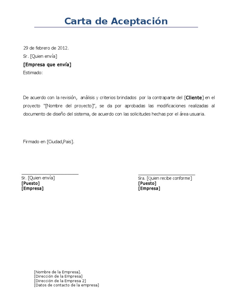 Plantilla de Carta de Aceptacion Formal Diseño | PDF