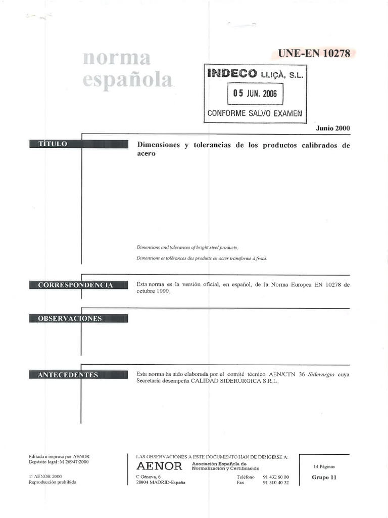 UNE-En 10278 (Dimensiones y Tolerancias de Los Productos Calibrados de ...