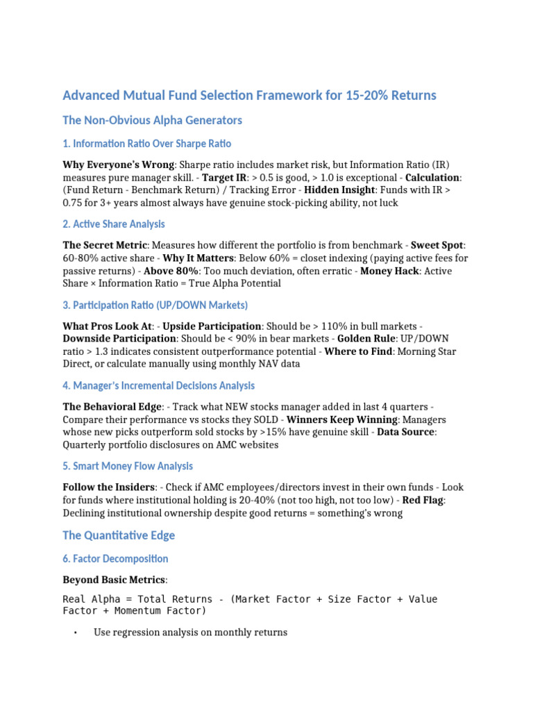 Advanced Framework for High-Return Mutual Funds | PDF | Sharpe Ratio ...