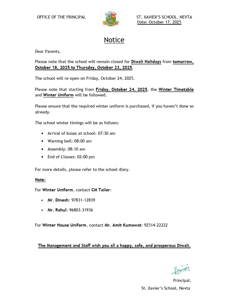 17102025_Diwali Holidays and Winter Time Table Notice | PDF