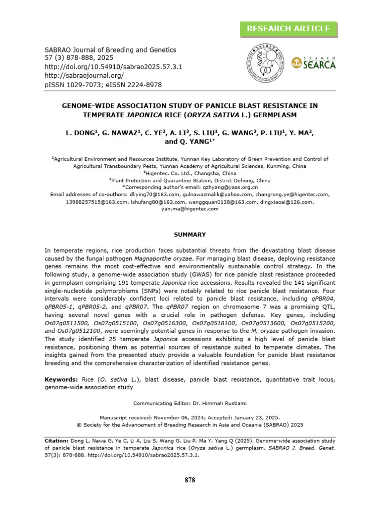 SABRAO J Breed Genet 57 3 878 888 MS24 218 | PDF | Single Nucleotide ...