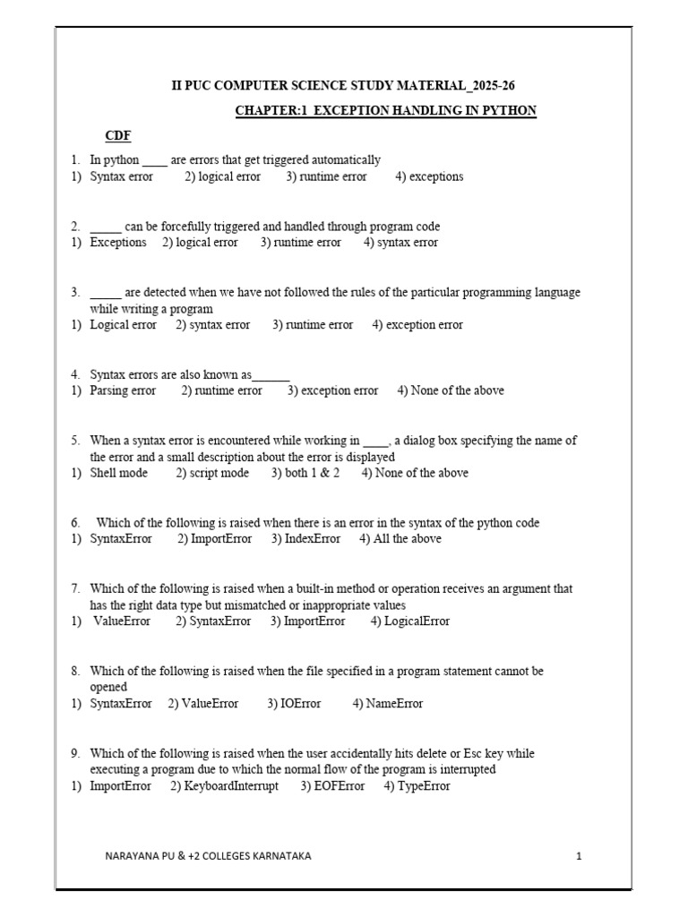 Incoming II Puc Computer Science Chapter 1 Exception Handling in Python Study Material_2025-26 ...