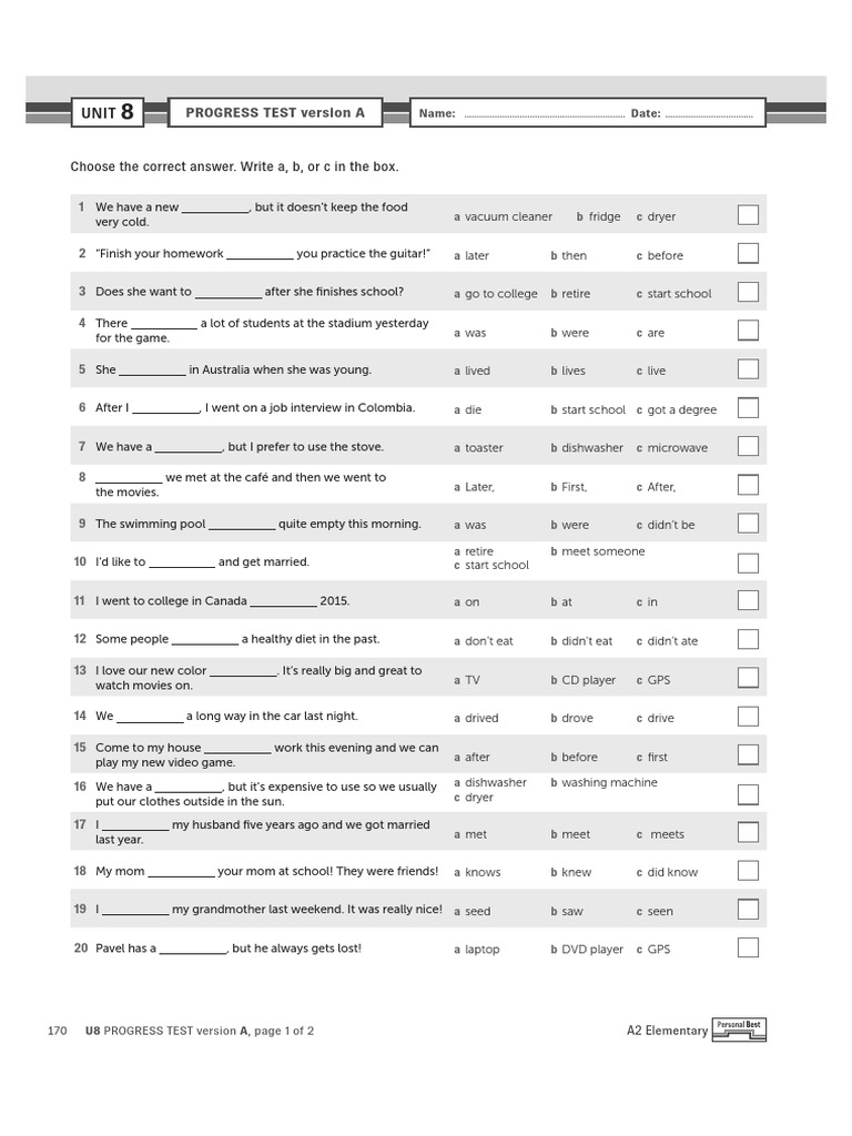 U6 Personal Best (A2) Elm - Tests (Multiple-Choice) | PDF