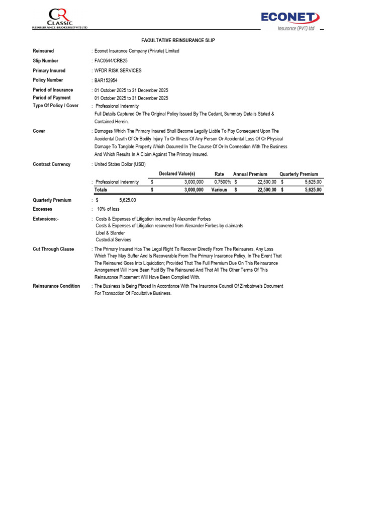 1 WFDR ProfessionalIndemnity OctRenewal Computations Mucare Slip | PDF ...