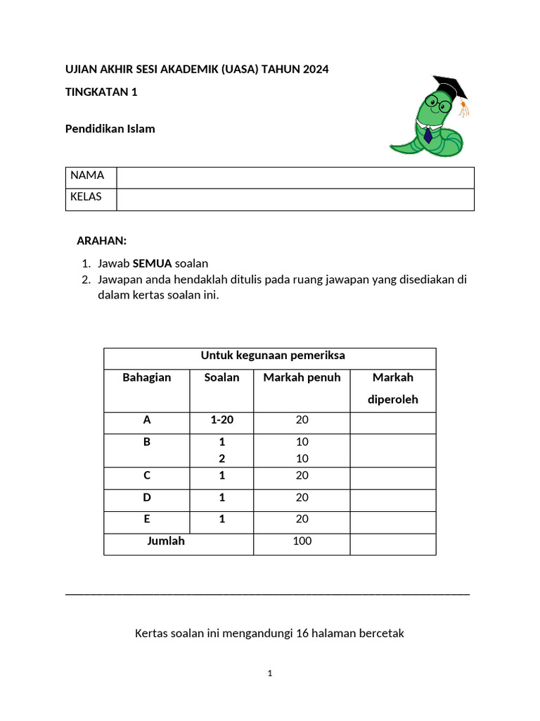 TP3421 - Ujian Akhir Sesi Akademik Pendidikan Islam Tingkatan 1 Uasa 20245 | PDF