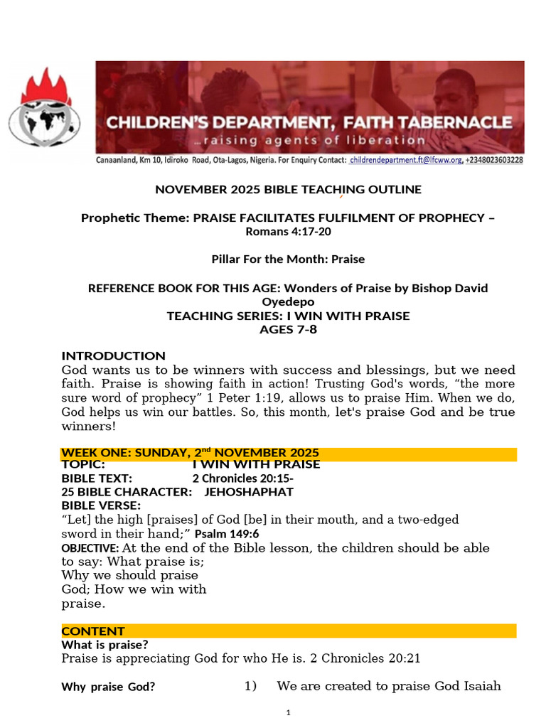 Bible Teaching Outline November 2025 Ages 7-8 | PDF | Bible | Psalms