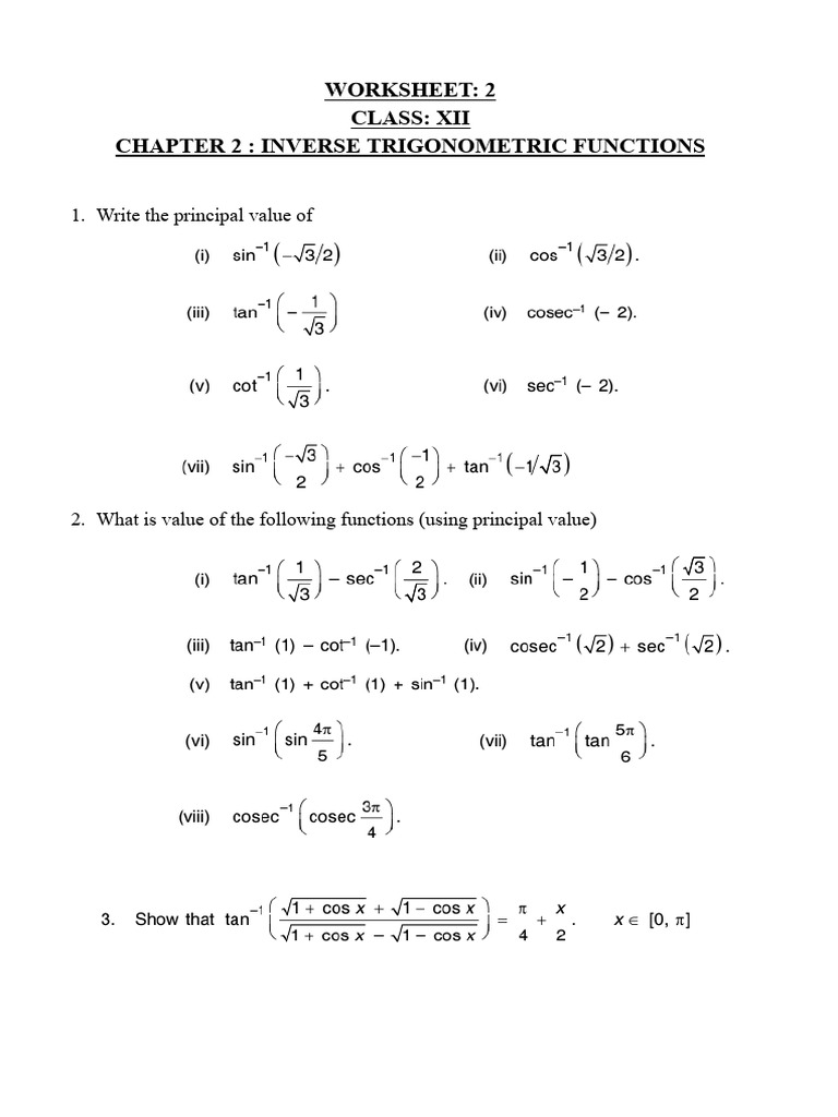 Worksheet 2 Inverse Trigonometric Functions | PDF
